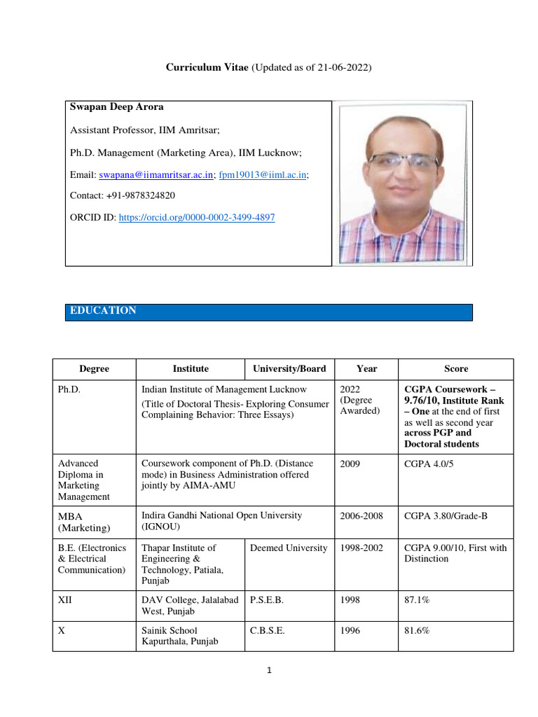 Curriculum Vitae (Updated As of 21-06-2022) | PDF