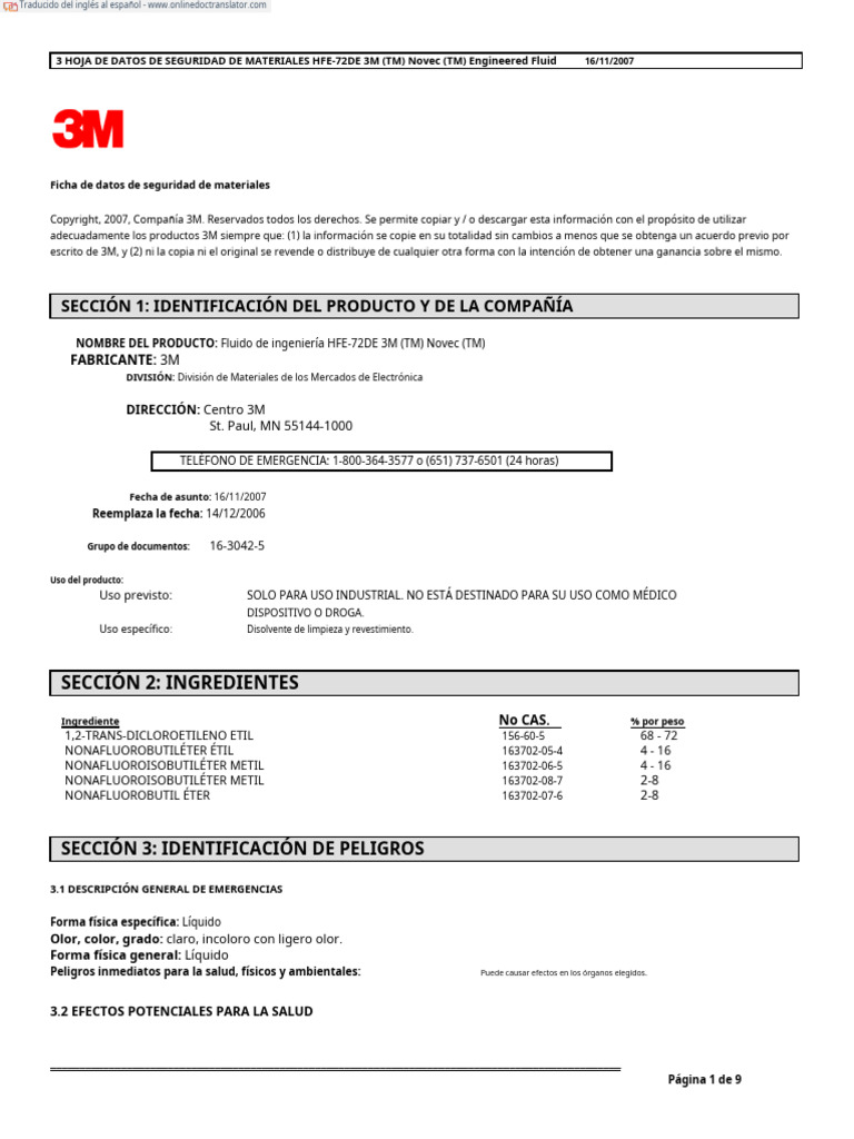 Novec™ Engineered Fluid 72DE - En.es | Descargar gratis PDF | Residuos | Toxicidad