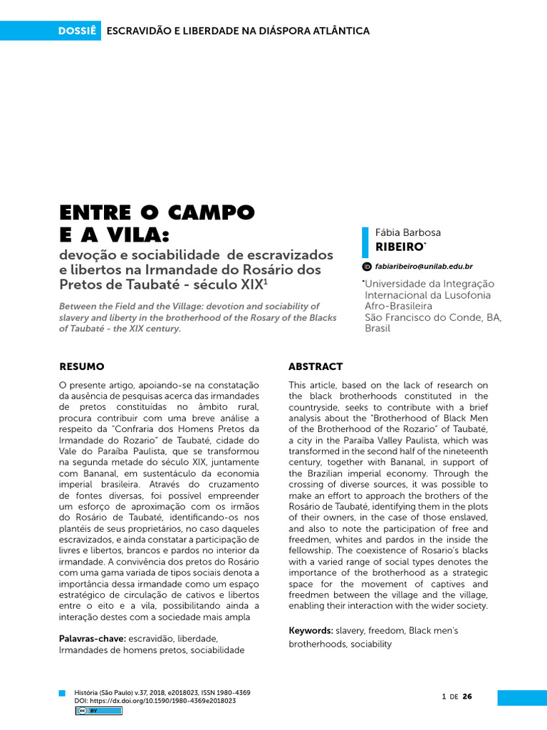 Entre o Campo e A Vila. RIBEIRO, Fábia Barbosa | PDF | Escravidão | Rosário