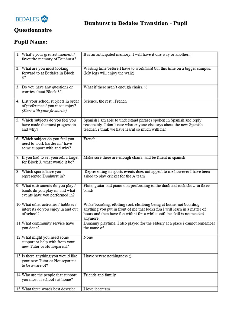 Dunhurst To Bedales Transition Questionaire - Name | PDF | Foreign ...