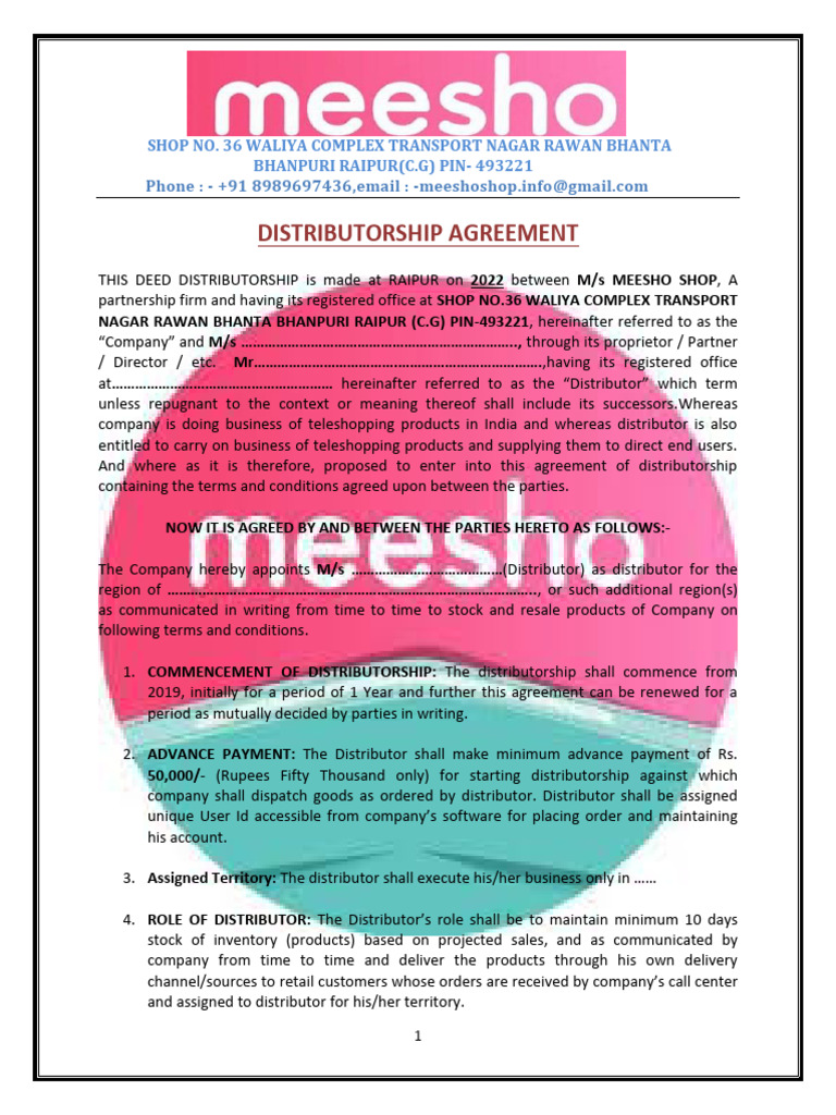 Meesho Agreement | PDF | Cheque | Payments