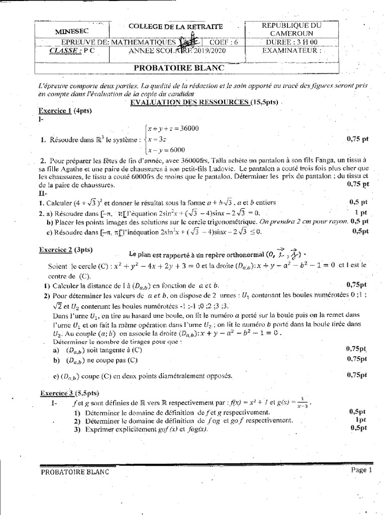 MATHEMATIQUES 1ere C PROBATOIRE BLANC 2020 2022 COLLEGE DE LA RE | PDF