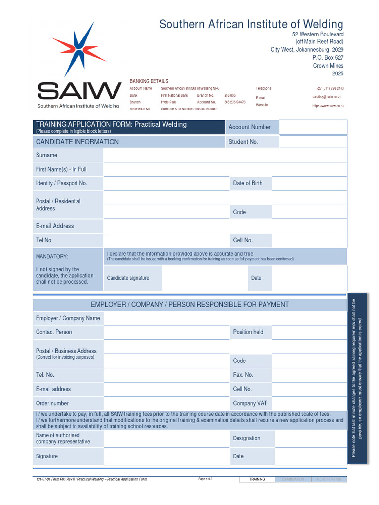 101 01 01 Form P01 Training Application Practical Welding Practical | PDF | Welding | Construction