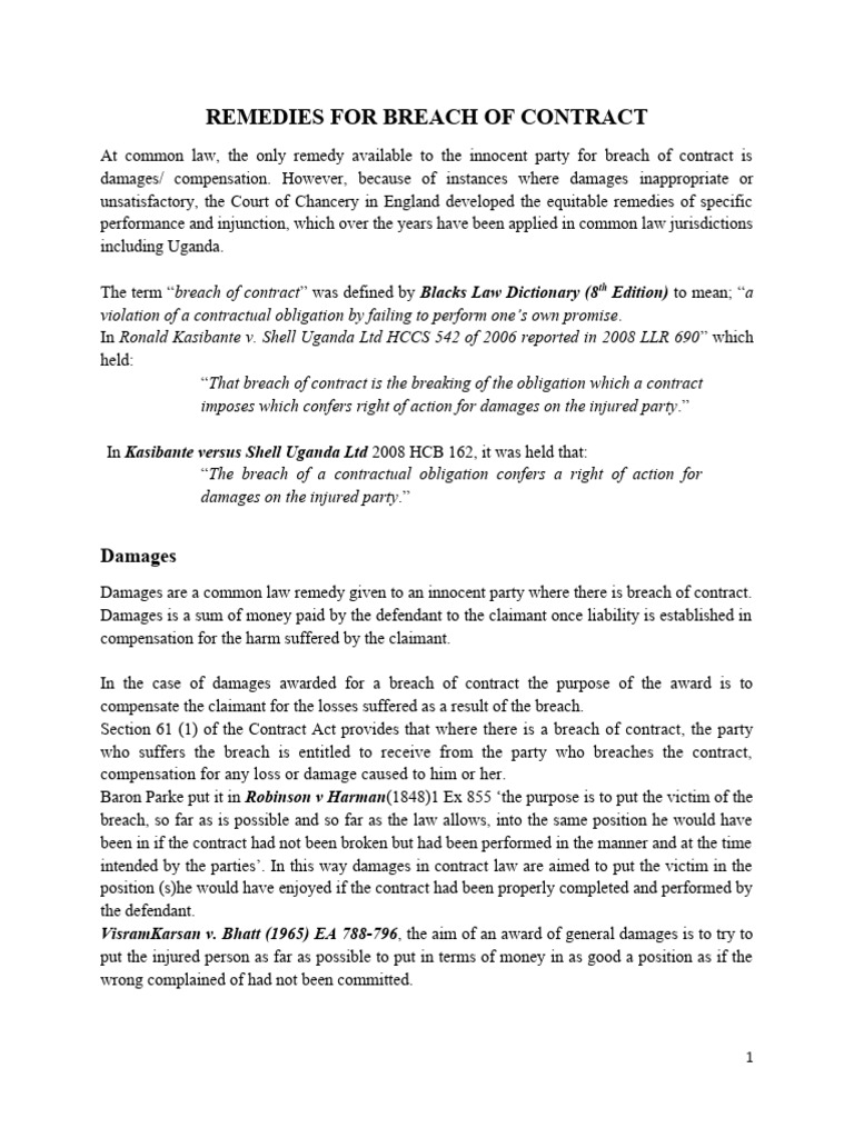 Breach of Contract Remedies Explained | PDF | Damages | Breach Of Contract