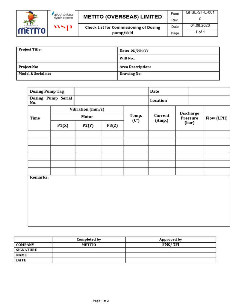Dosing Pump Commissioning Checklist | PDF | Turbomachinery | Dynamics ...