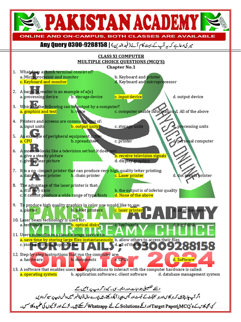 XI Computer MCQ's | PDF | Printer (Computing) | Programming