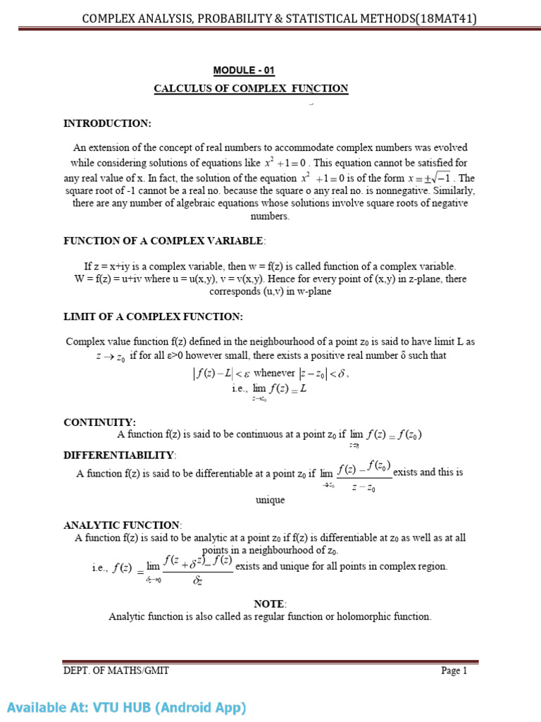 Calculus of Complex Function: Module - 01 | PDF | Holomorphic Function | Mathematical Concepts