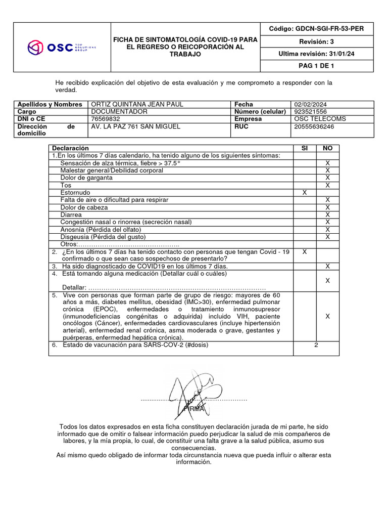 GDCN-SGI-FR-53-PER Ficha de Sintomatología COVID-19 REV3 | PDF ...