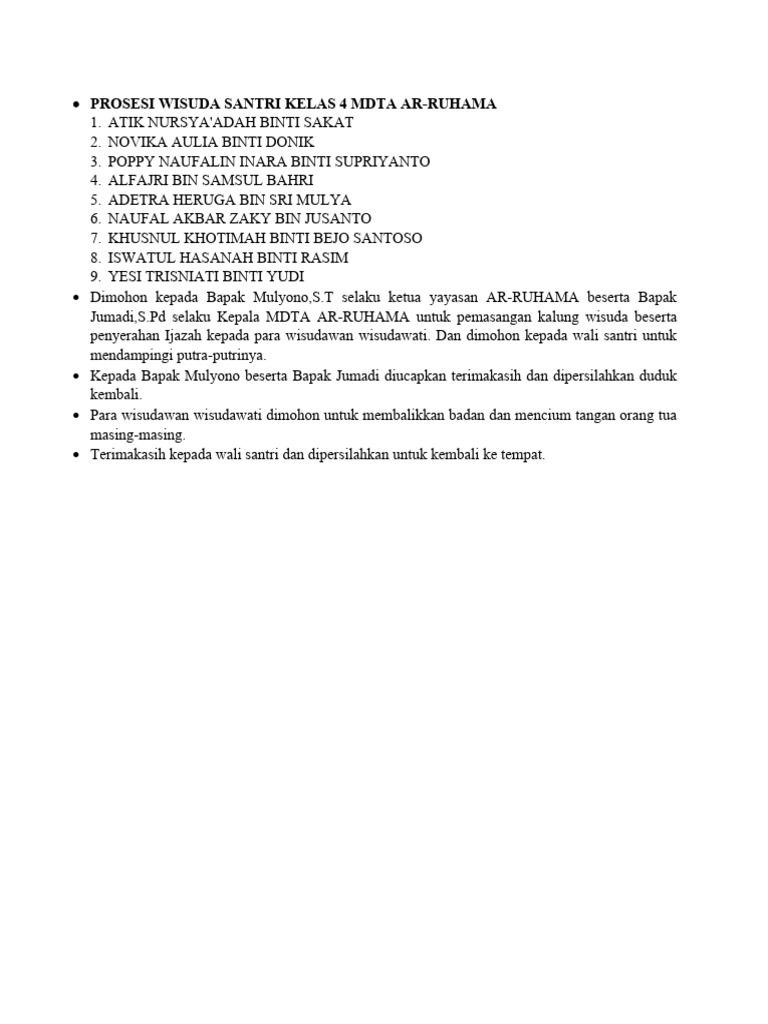 Wisuda Santri Kelas 4 MDTA Ar-Ruhama | PDF | Perjalanan | Kesehatan ...