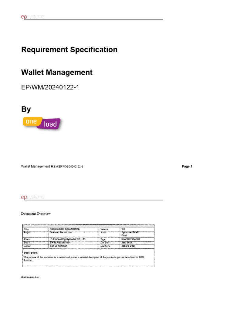 Oneload Wallet Management Specs | PDF | Cash | Application Software