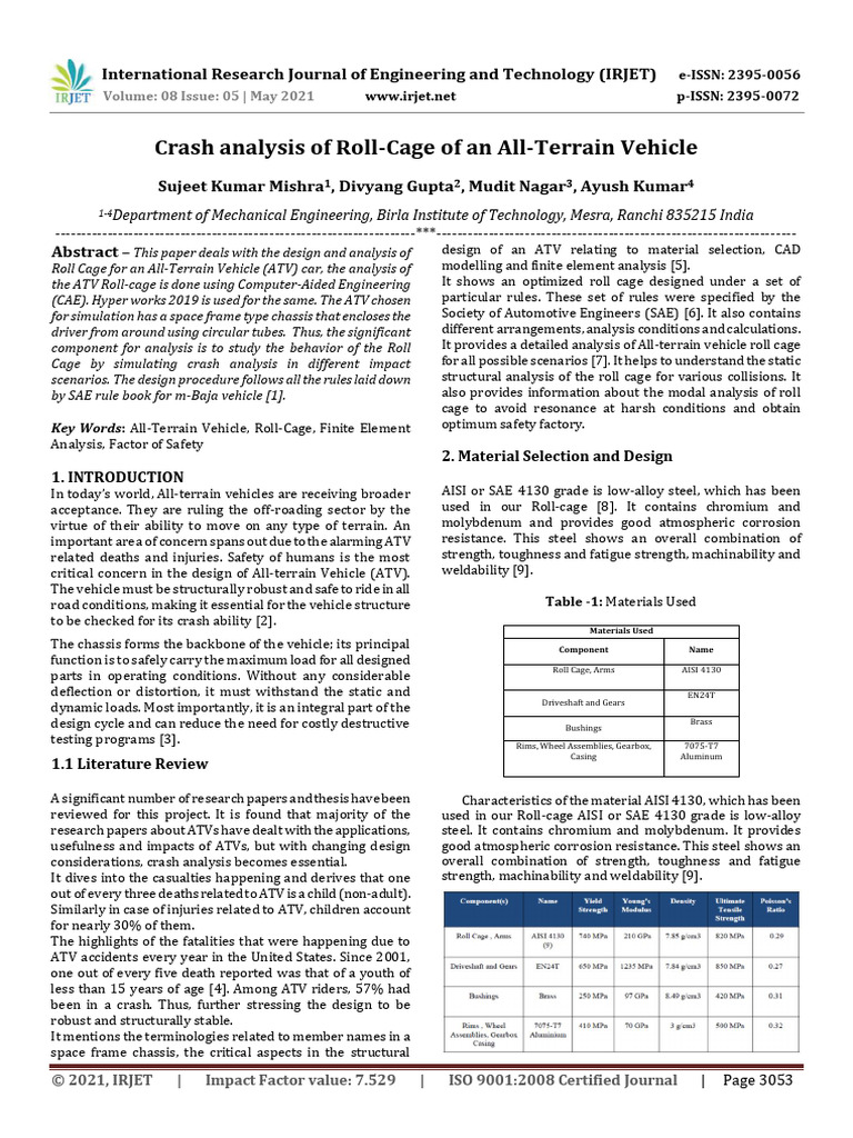 IRJET Crash Analysis of Roll Cage of An | PDF | Strength Of Materials ...