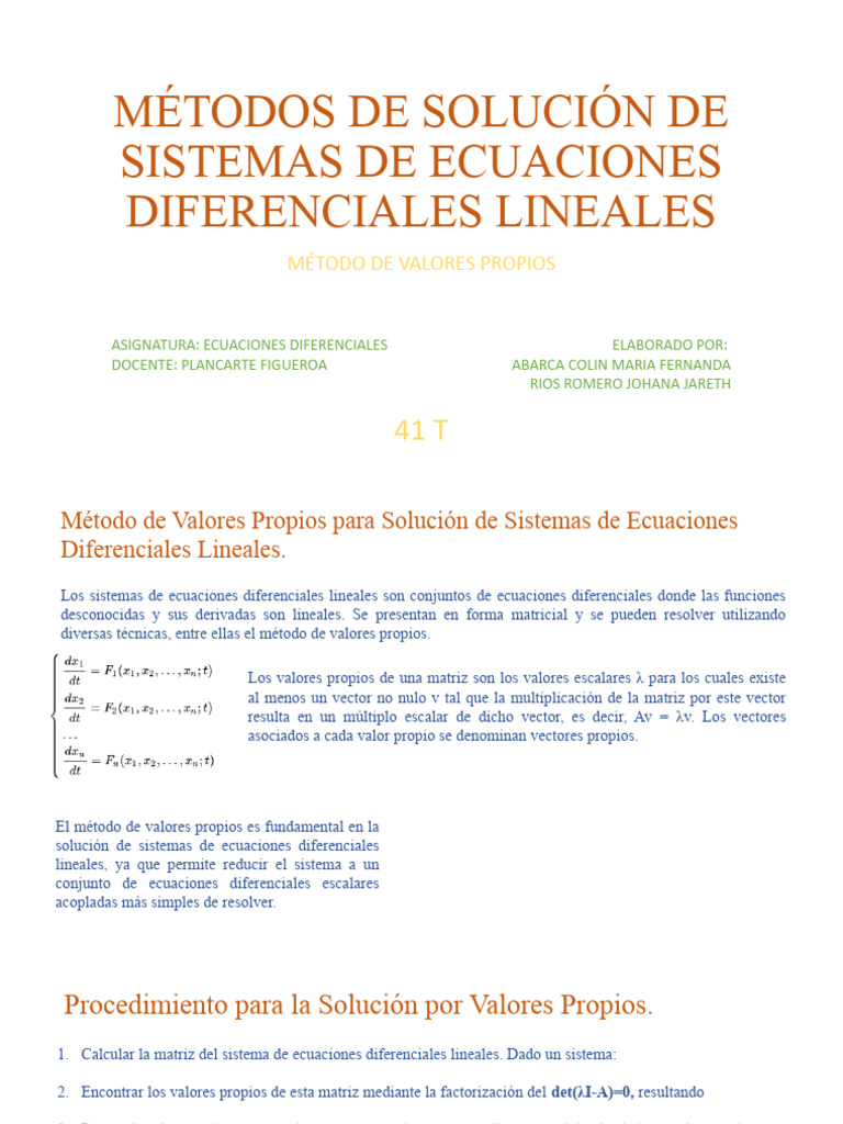 Métodos de Solución de Sistemas de Ecuaciones Diferenciales | Descargar gratis PDF | Valores ...