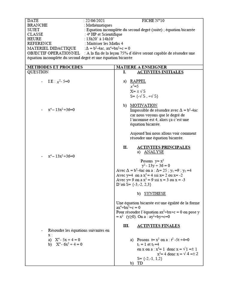 Résoudre les Équations Bicarrées | PDF | Mathématiques | Équations