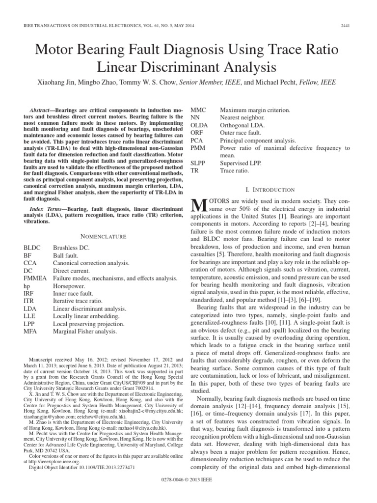 14 Motor Bearing Fault Diagnosis Using Trace Ratio Linear Discriminant Analysis | Download Free ...