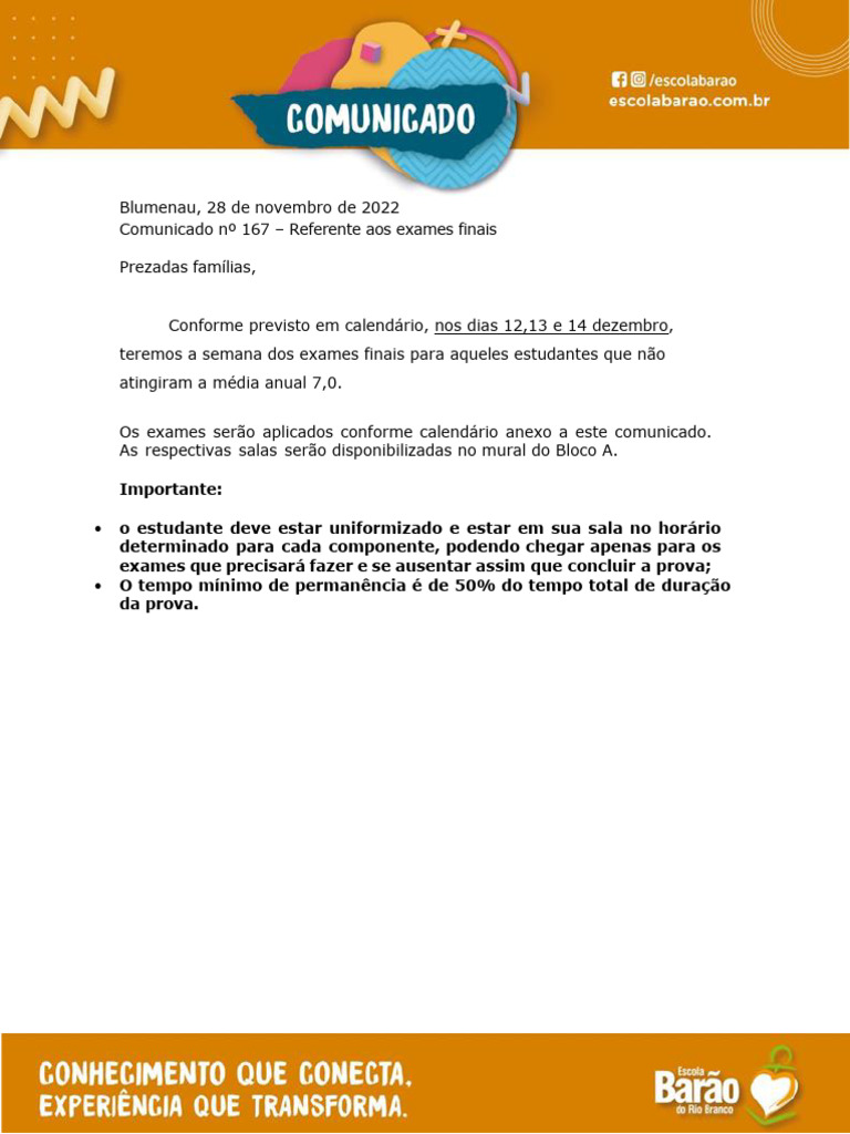 (COMUNICADO 167) Exames - 9o A 2a 2022 | PDF