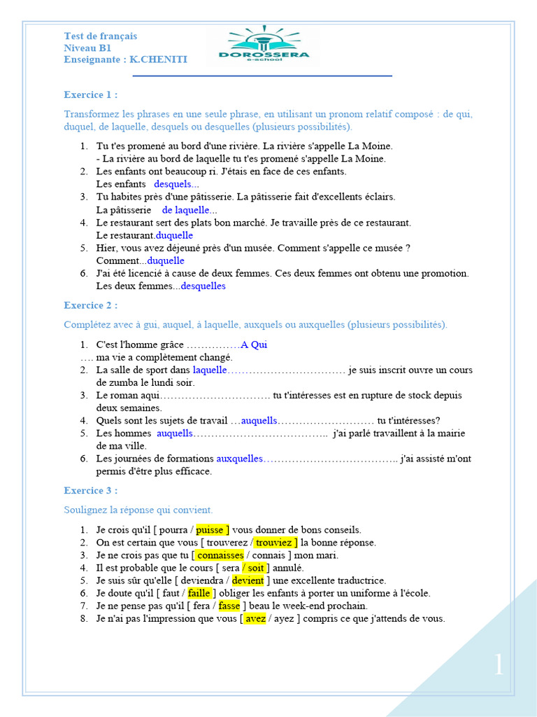Test de Français Niveau B1 | PDF | Linguistique