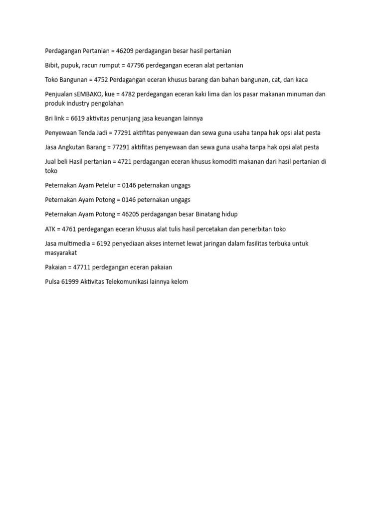 Kode KBLI Usaha Bumdes | PDF