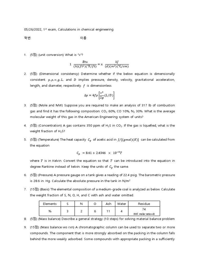 Calculations in Chemical Engineering - 1st Exam - 2022 | PDF | Gases ...