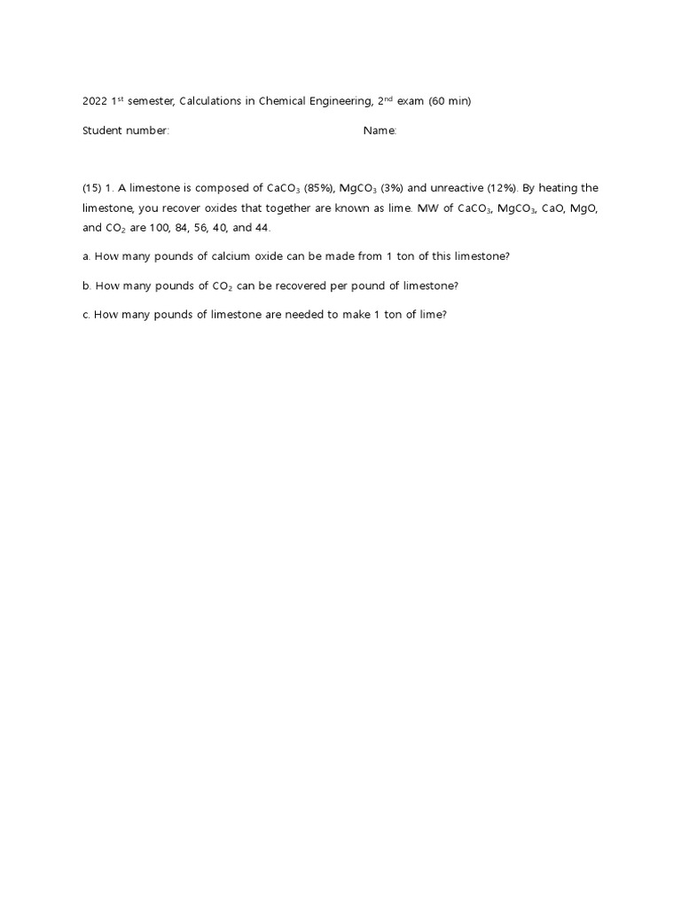 Chemical Engineering Exam: Calculations | PDF | Methanol | Chemical Reactor