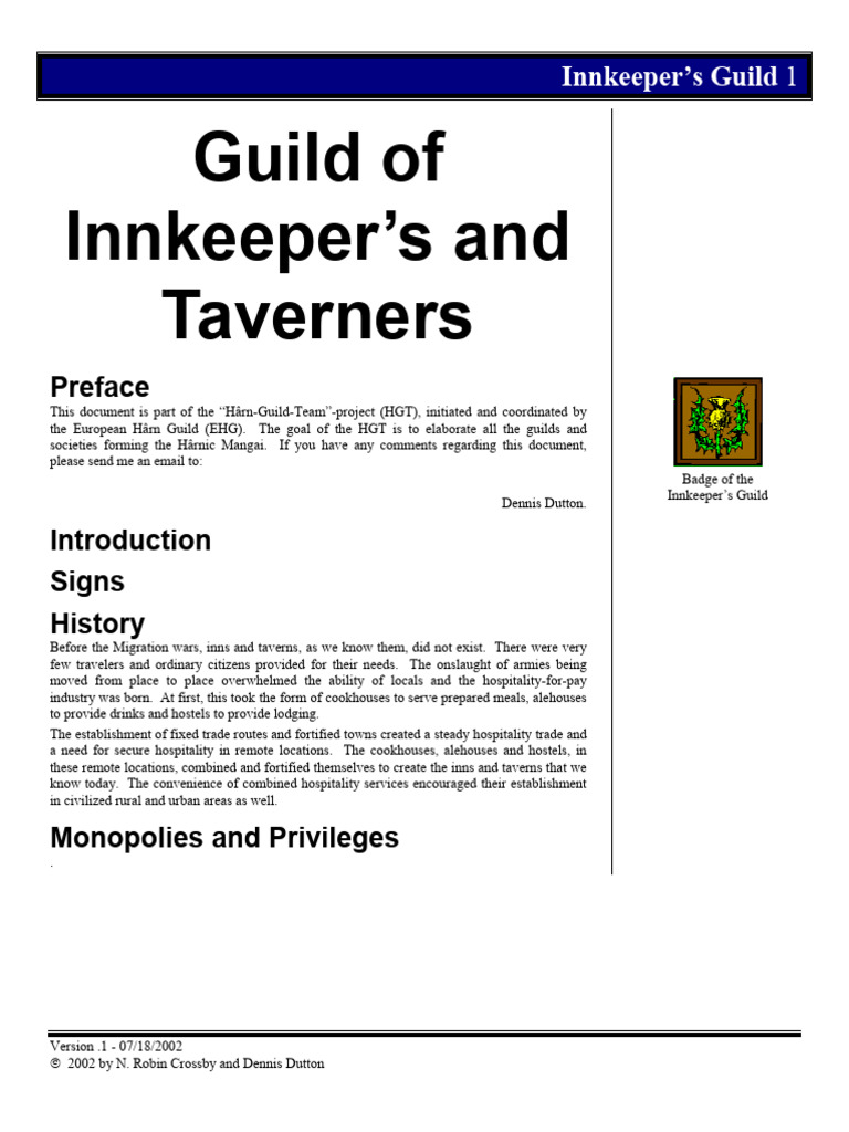 Innkeepers Guild | PDF | Apprenticeship | Inn