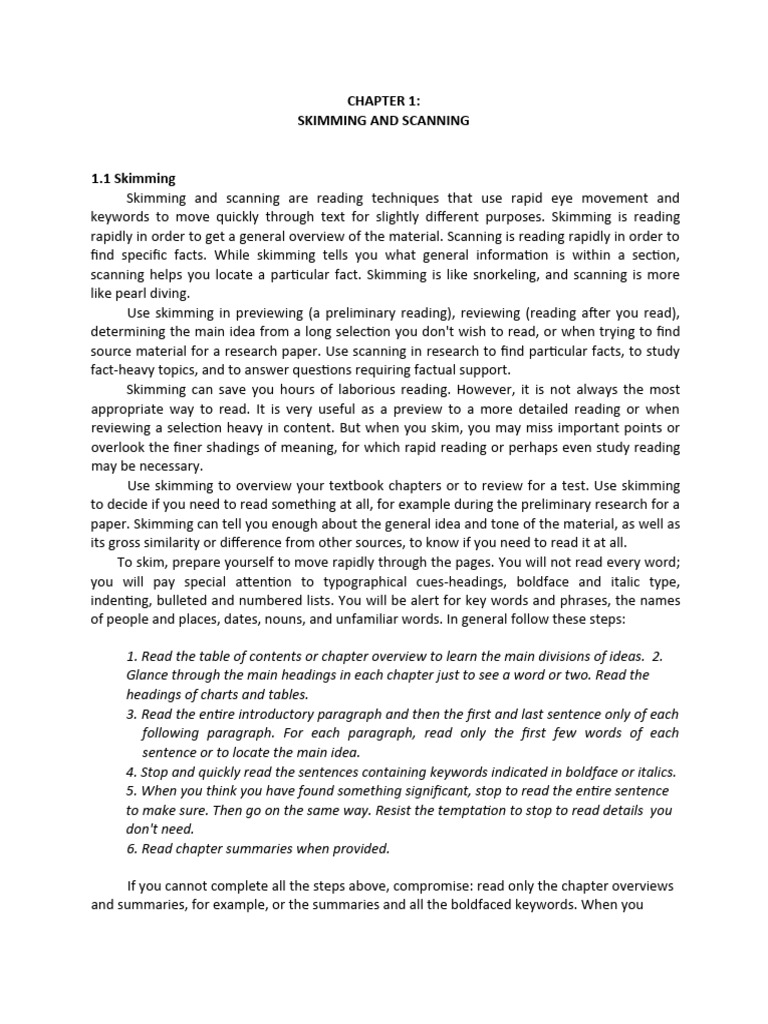 Definition of Skimming and Scanning | PDF | Speed Reading | Learning
