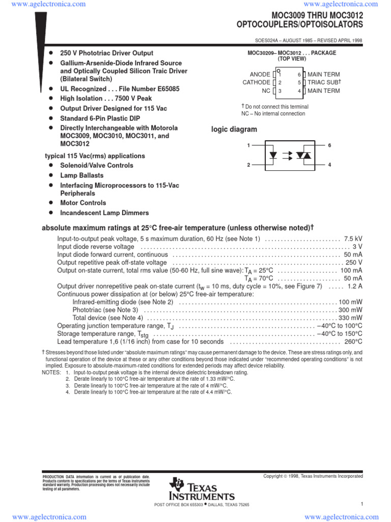 MOC3012 | PDF | Electrical Engineering | Electricity