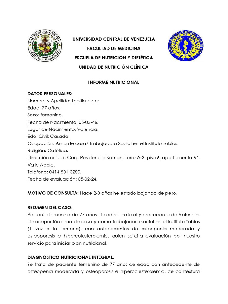 Informe Nutricional (Teofila Flores 05-02-24) | PDF | Nutrición | Dieta ...