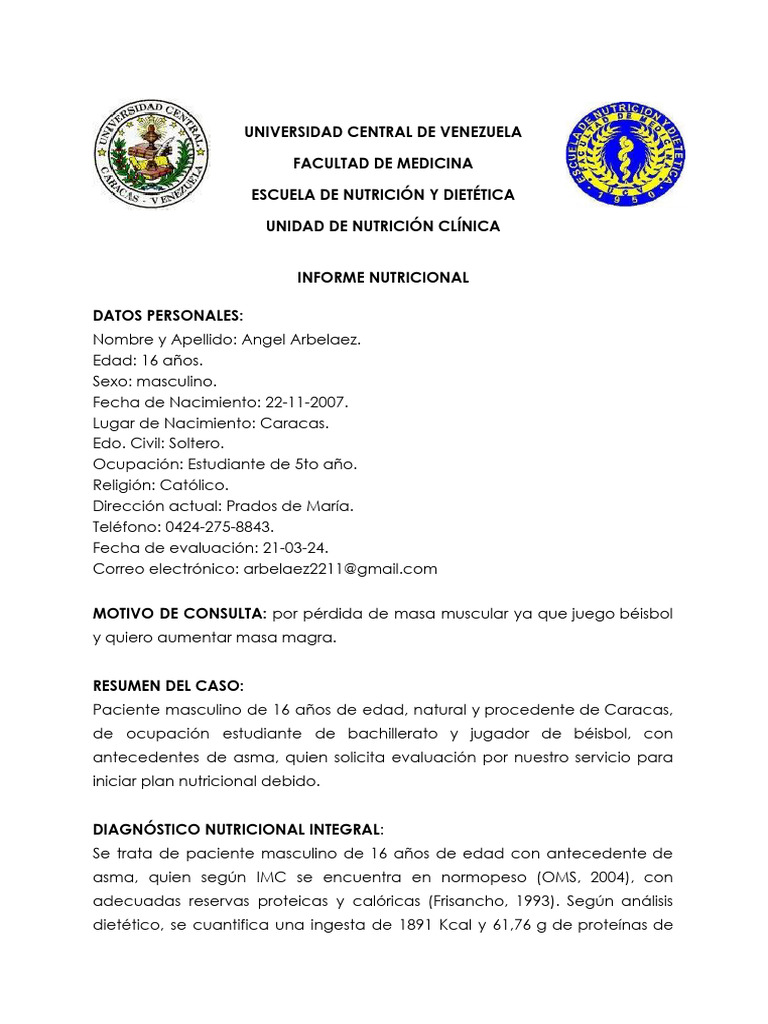 Informe Nutricional (Angel Arbelaez 21-03-24) | PDF | Nutrición | Dieta y nutrición