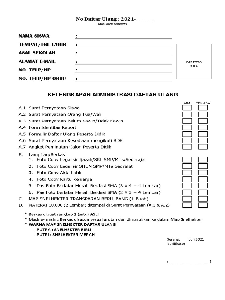 Form Daftar Ulang PPDB 2021 2022 SMANLI 1 | PDF