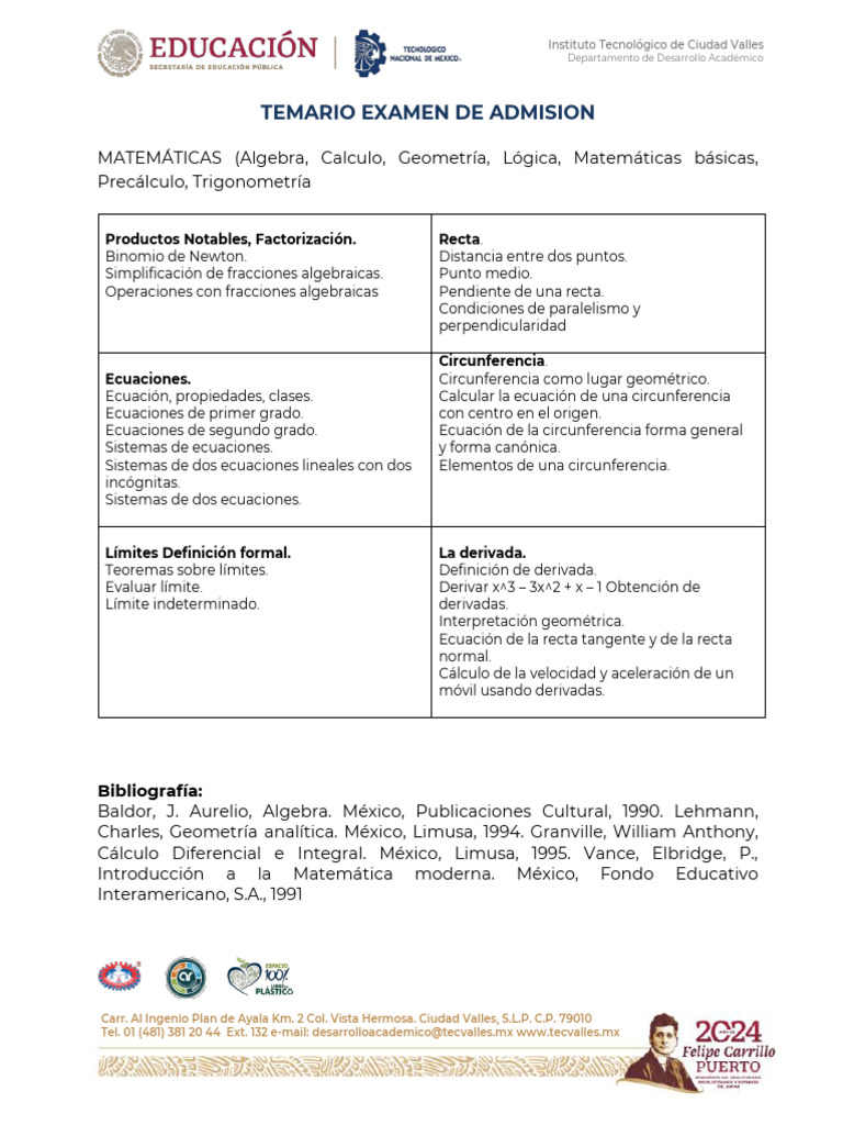 Temario Examen de Admision 2024 1 | PDF | Ecuaciones | Geometría