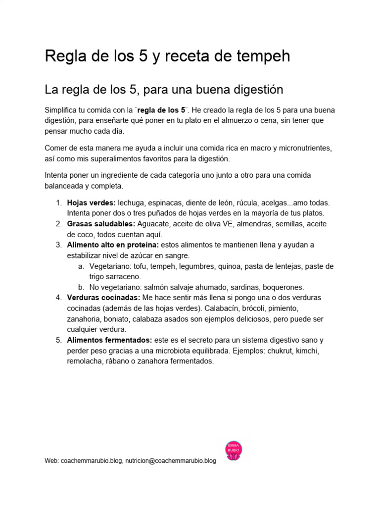 La Regla de Los 5 y Receta de Tempeh | PDF | Vegetales | Alimentos