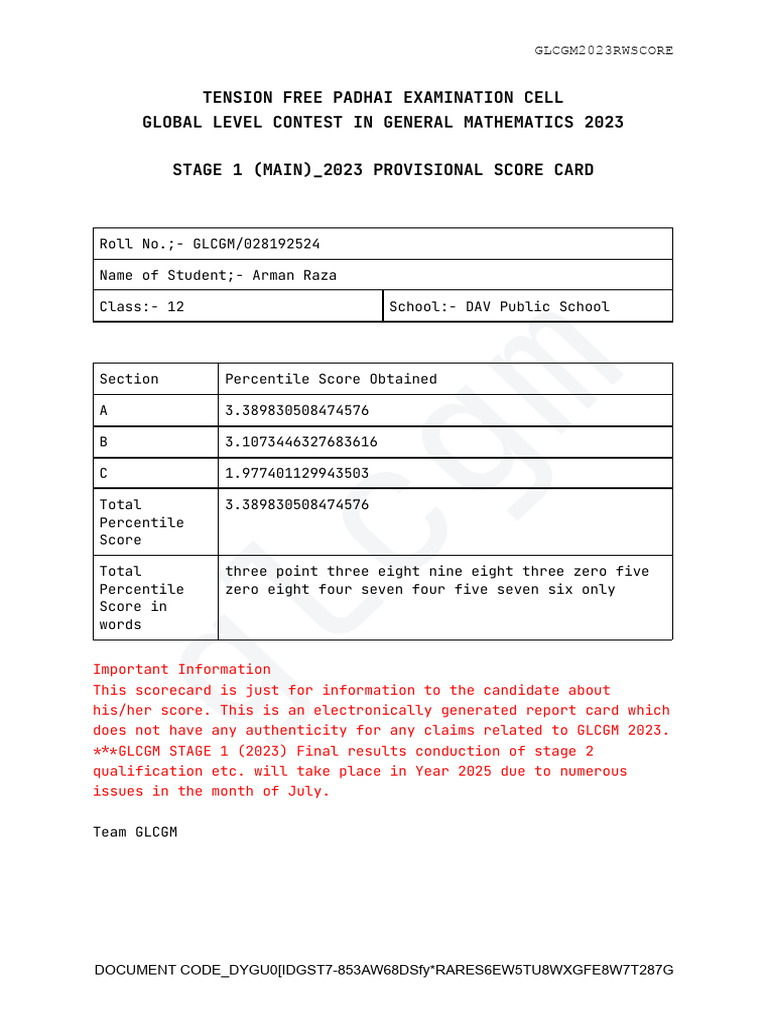 Stage 1 (Main) - 2023 Provisional Report | PDF