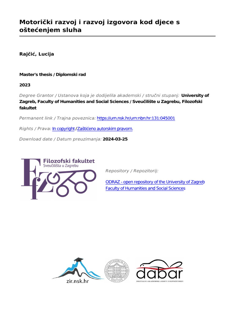 Motoricki Razvoj I Razvoj Izgovora Kod Djece Sa Slusnim Ostecenjem | PDF