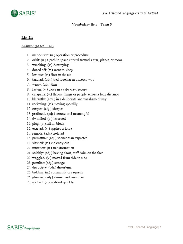 2324 Level L Second Language Vocabulary Lists Term 3 Pdf