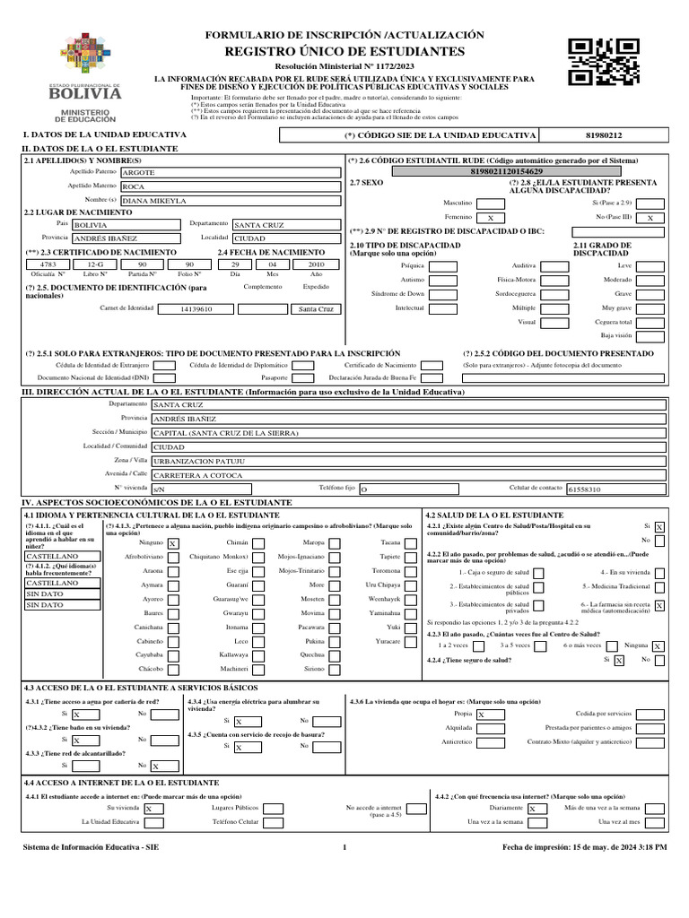 Reporte Formulario Rude | PDF | Documento de identidad