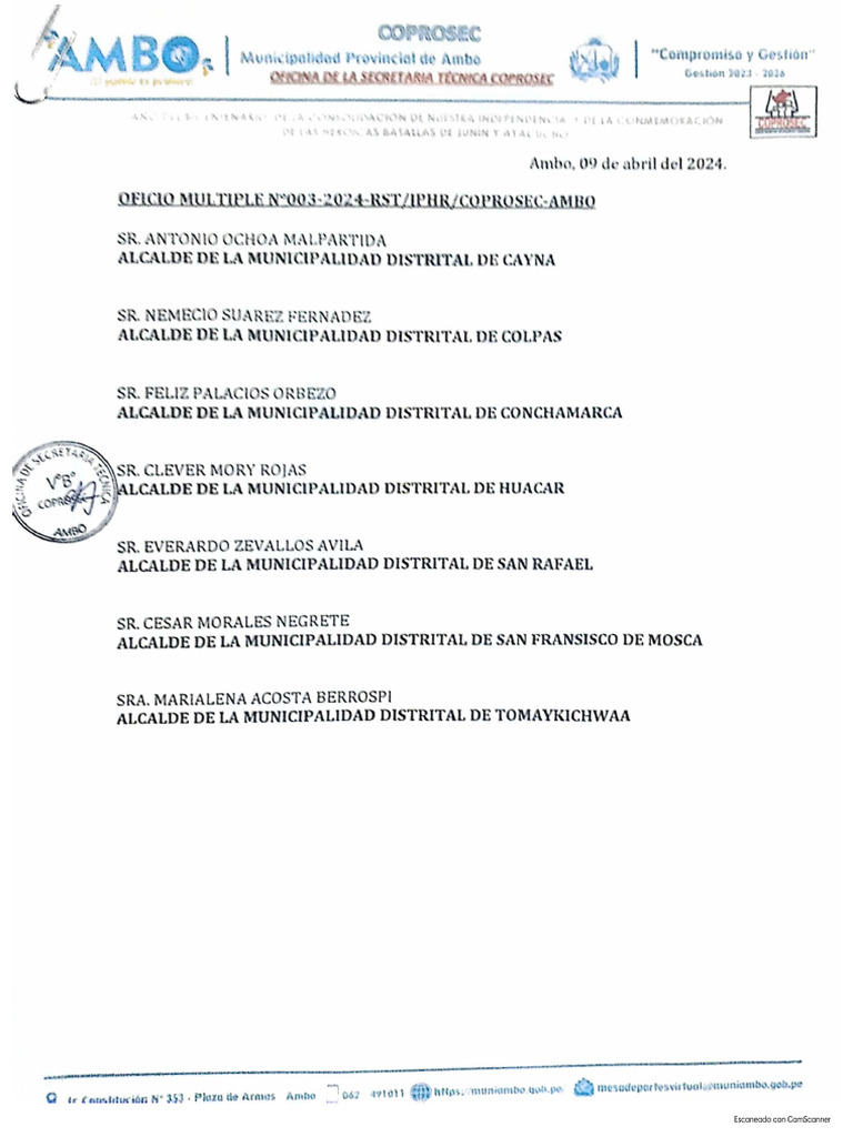 Oficio Multiple N°003-2024-Coprosec-Ambo | PDF