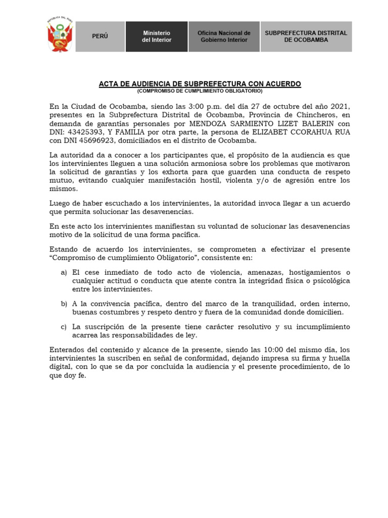Acta de Acuerdo Liz y Elizabet | PDF | Política