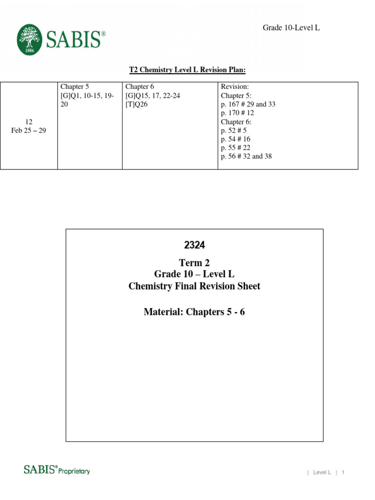 2324 Term 2 final Grade 10 Chem Revision Plan | PDF | Gases | Water