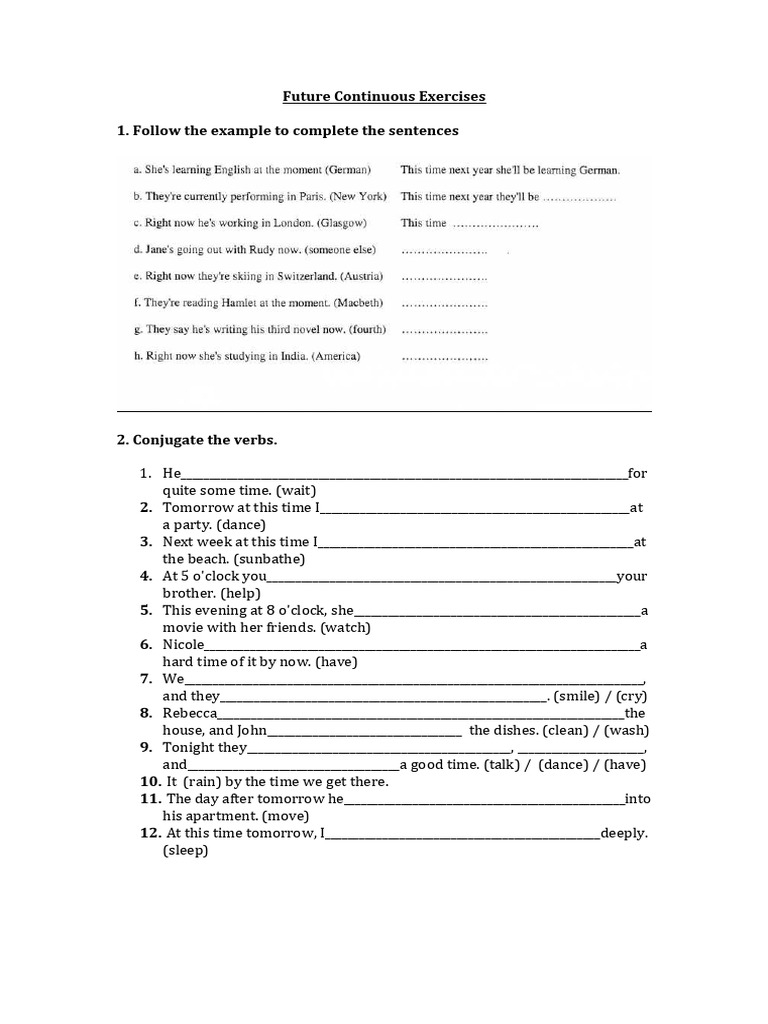 Future Continuous Exercises | PDF | Morphology | Semantic Units
