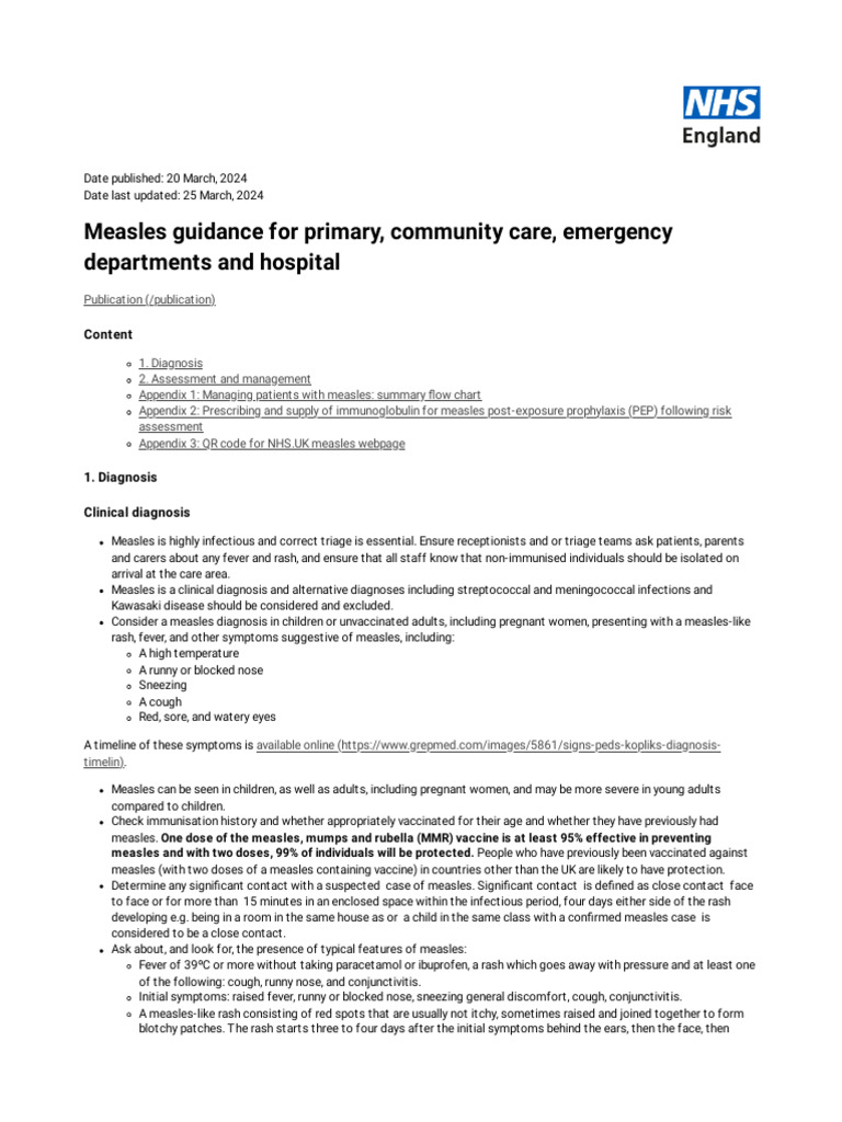 NHS England Measles Guidance For Primary, Community Care, Emergency ...