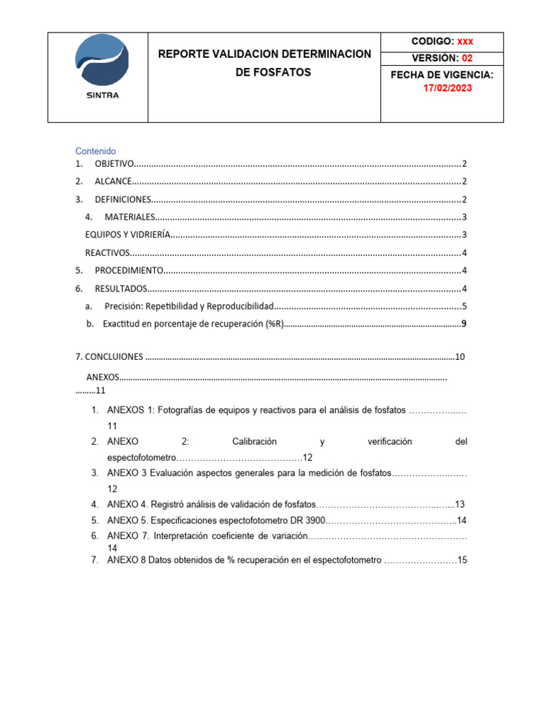 Informe Validación Fosfatos | PDF | Medición | Teoría estadística