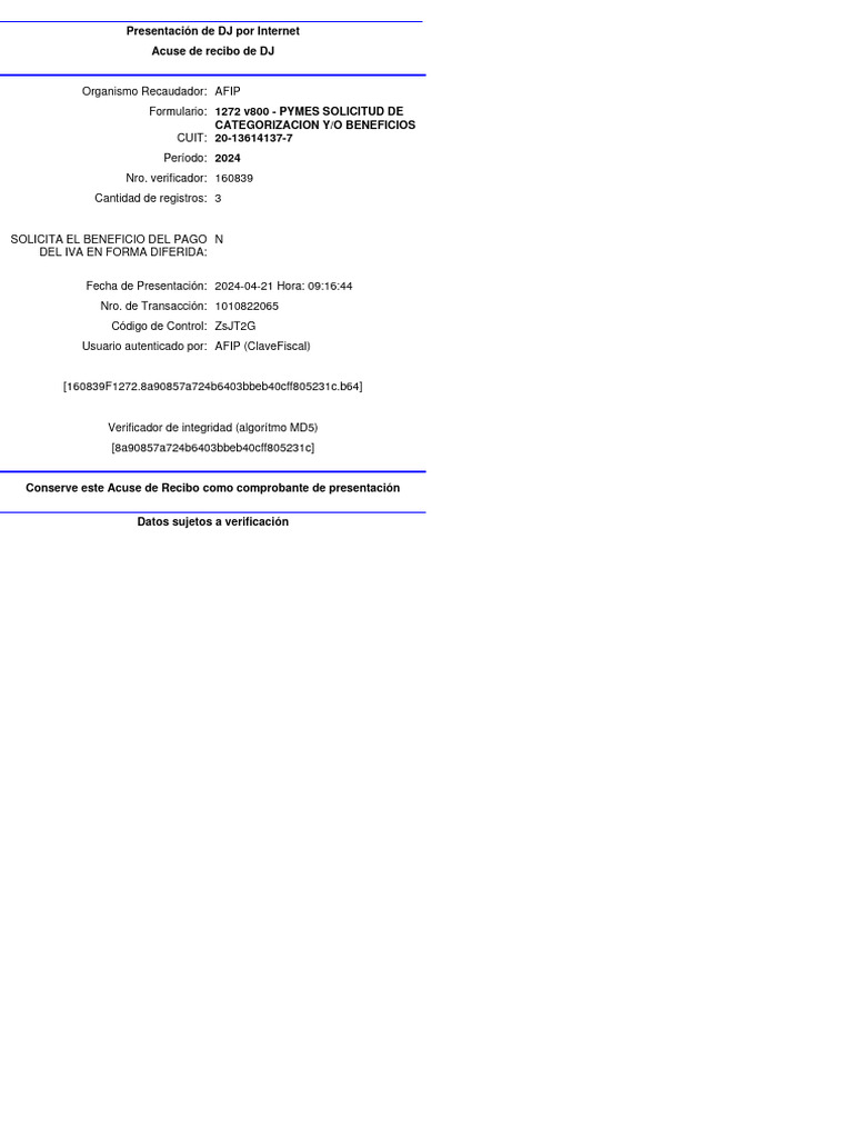 Afip Presentacion Cuit 20136141377 f1272 Nrotransaccion 1010822065 | PDF