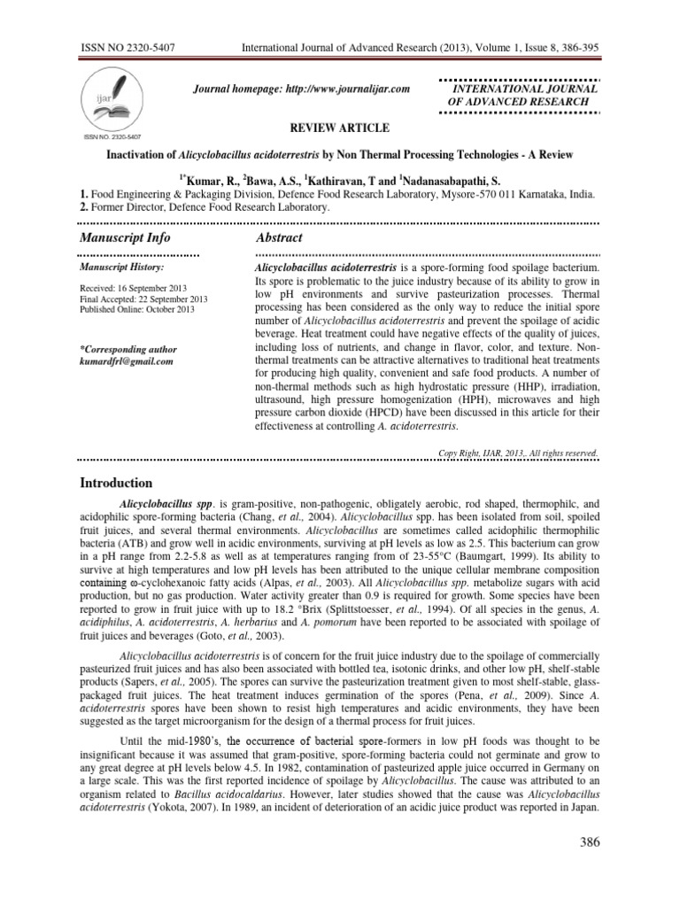 Non-Thermal Methods for A. acidoterrestris Control | PDF | Science ...
