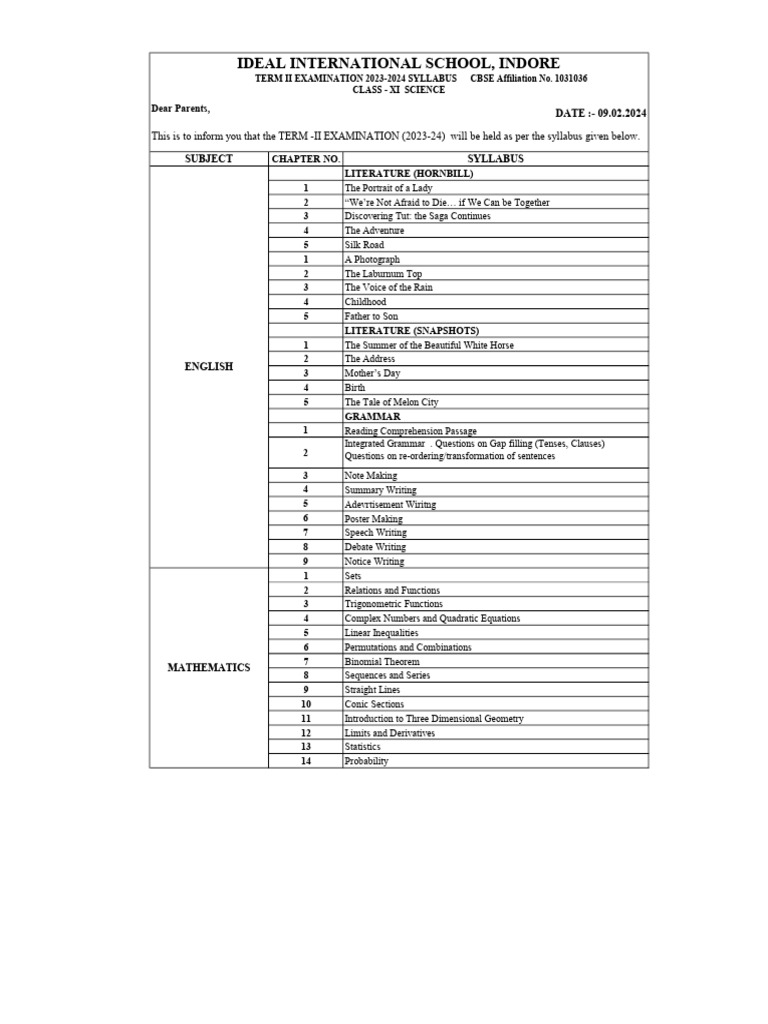 Class Xi Science Time Table & Syllabus Term Ii 2023-24 | Download Free ...