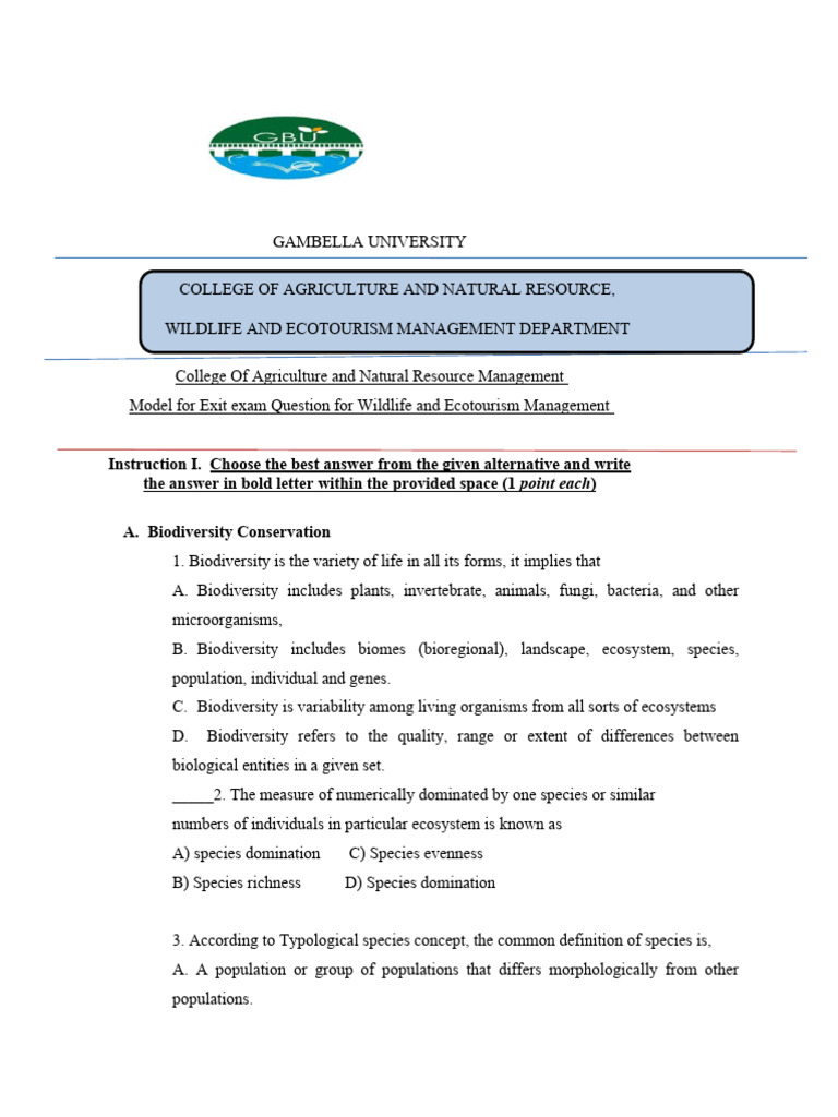 Model Exam For Wildlife and Ecotourism - 2023 | PDF | Species | Tourism