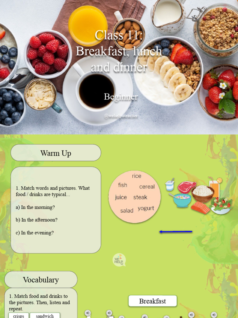 Beginner - Class 11 - Breakfast, Lunch and Dinner | PDF | Lunch | Meal