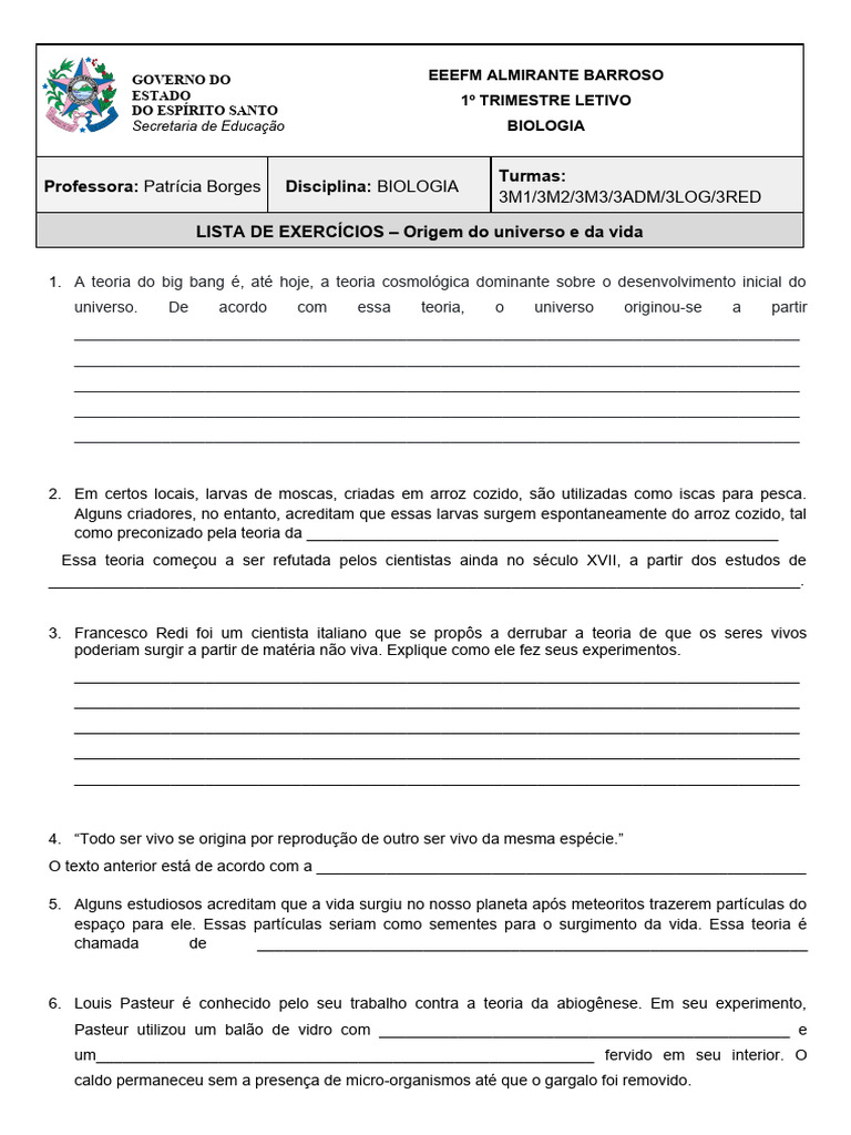 LISTA DE EXERCÍCIOS - Origem Da Vida | PDF | Abiogênese | Vida LISTA DE EXERCÍCIOS - Origem Da Vida | PDF | Abiogênese | Vida