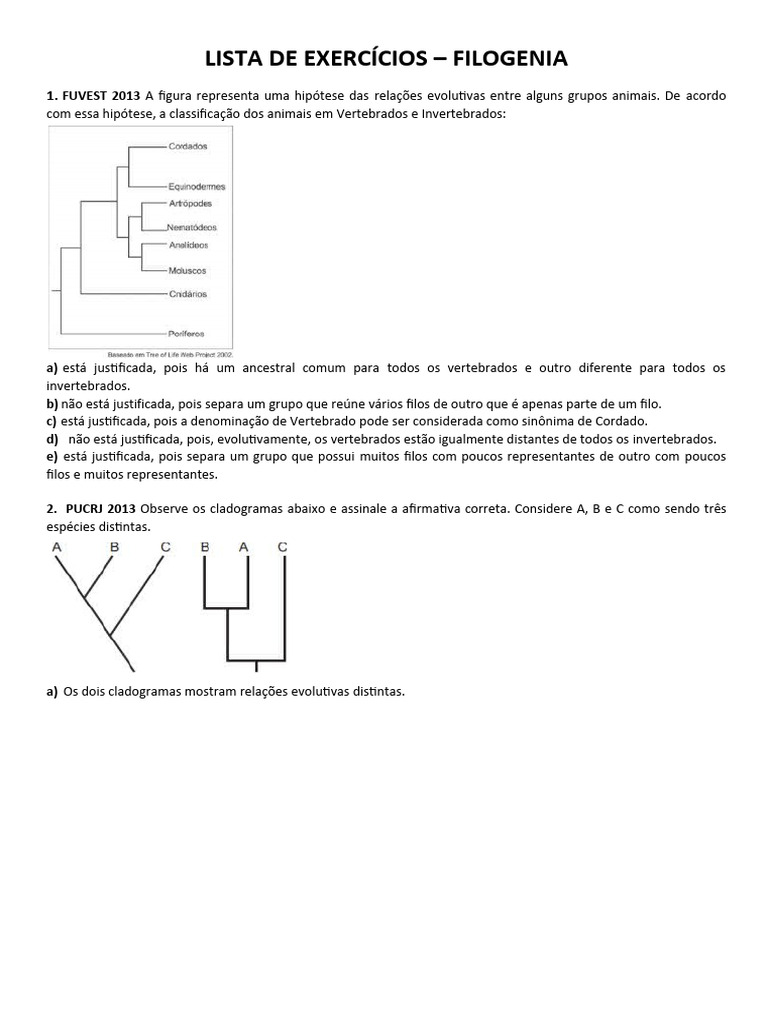 Exercícios de Filogenia para Vestibulares | PDF | Filogenética | Puma ...