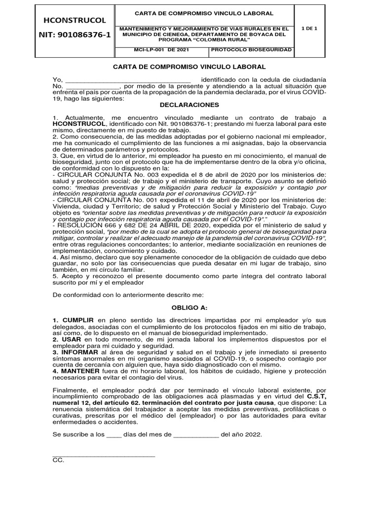 Anexo 02 Modelo de Compromiso Cumplimiento Covid | PDF | Medicina | Epidemiología