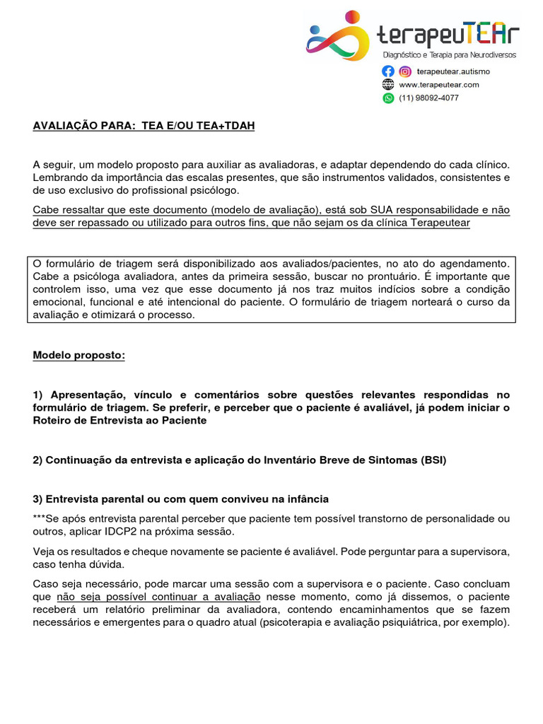 Avaliação TEA e TDAH: Modelo e Diretrizes | PDF | Espectro do autismo ...